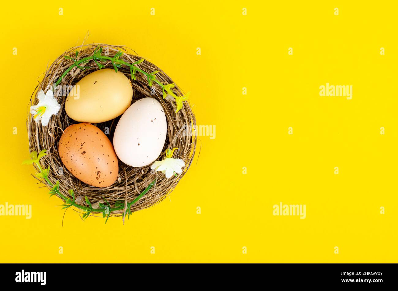Top view of color easter haqndmade eggs and nest flatlay. Trendy ...