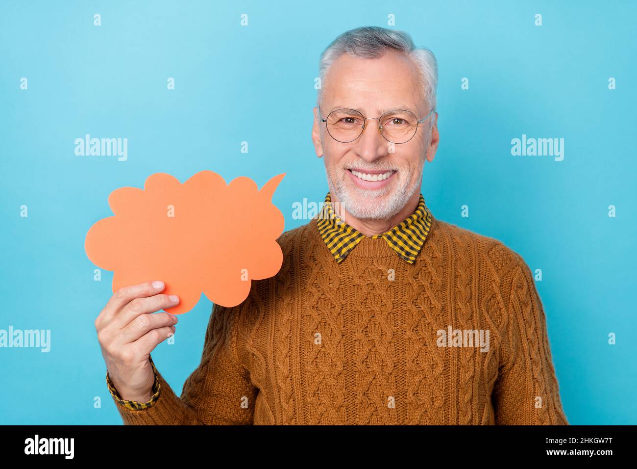Photo of positive man promoter tell paper speech cloud information ...