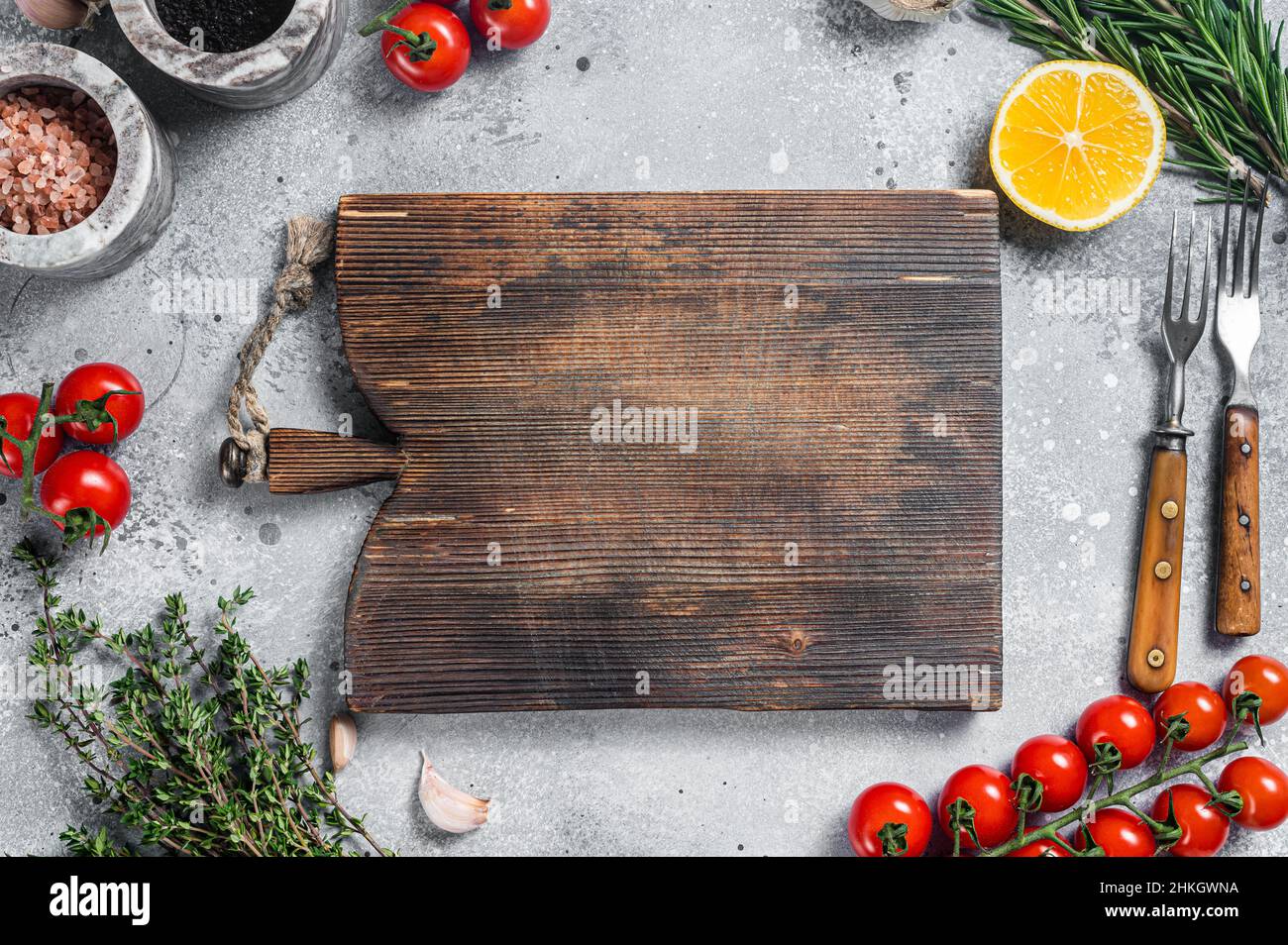 Food cooking and healthy eating background with wooden cutting board ...