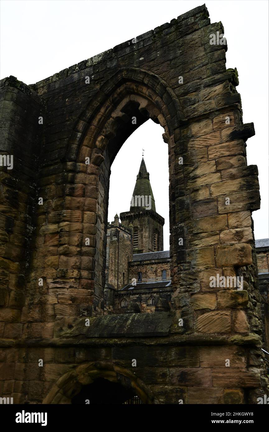 An exterior view of the architectural detail of the medieval abbey and ...