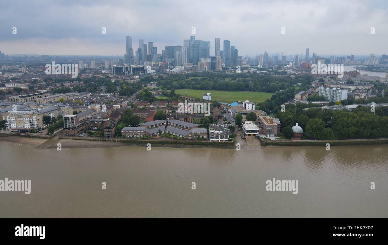 London docklands aerial view across river thames 2021 Stock Photo - Alamy