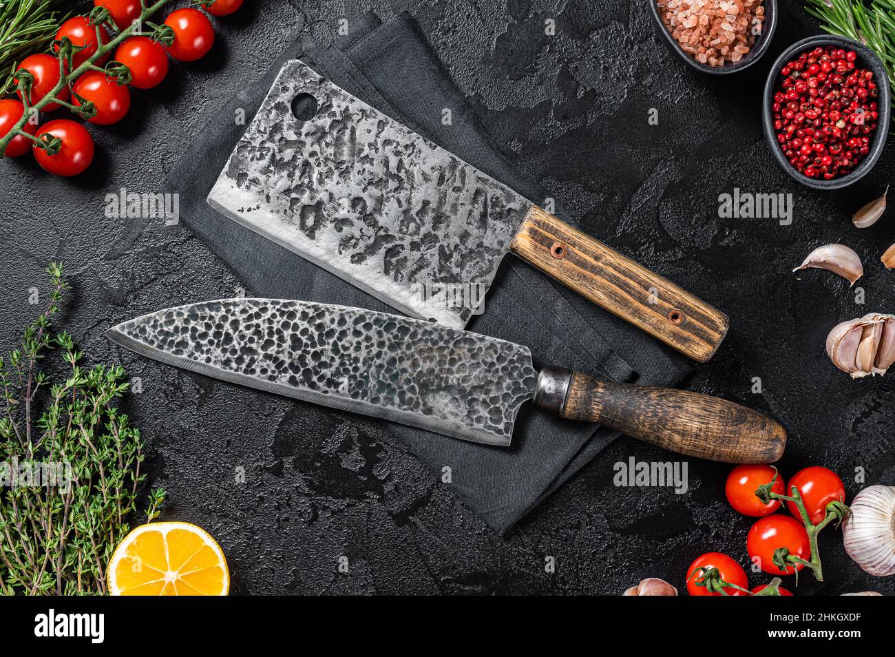 Rustic Cutting Board and Meat Cleaver on Dark wooden board. Black ...