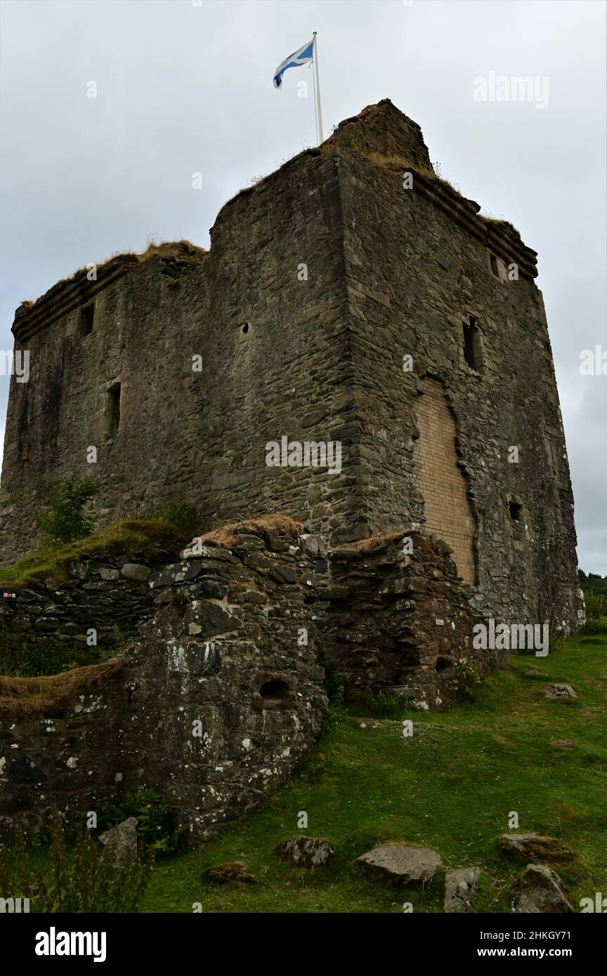 A view of the ruins of a medieval castle on a rocky promontory in the ...