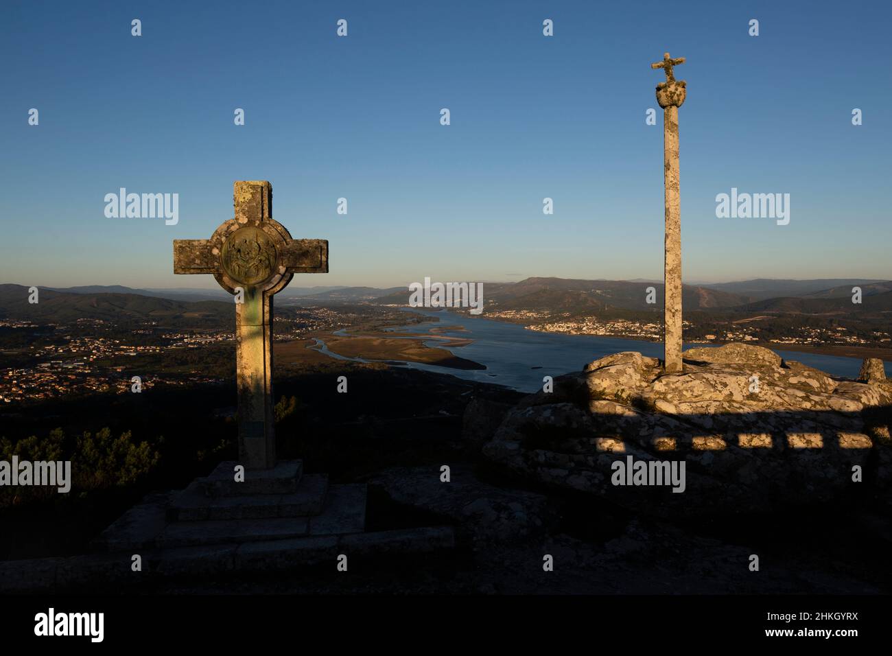 Stone crosses on Mount Santa Tecla at the mouth of the Miño river Stock ...