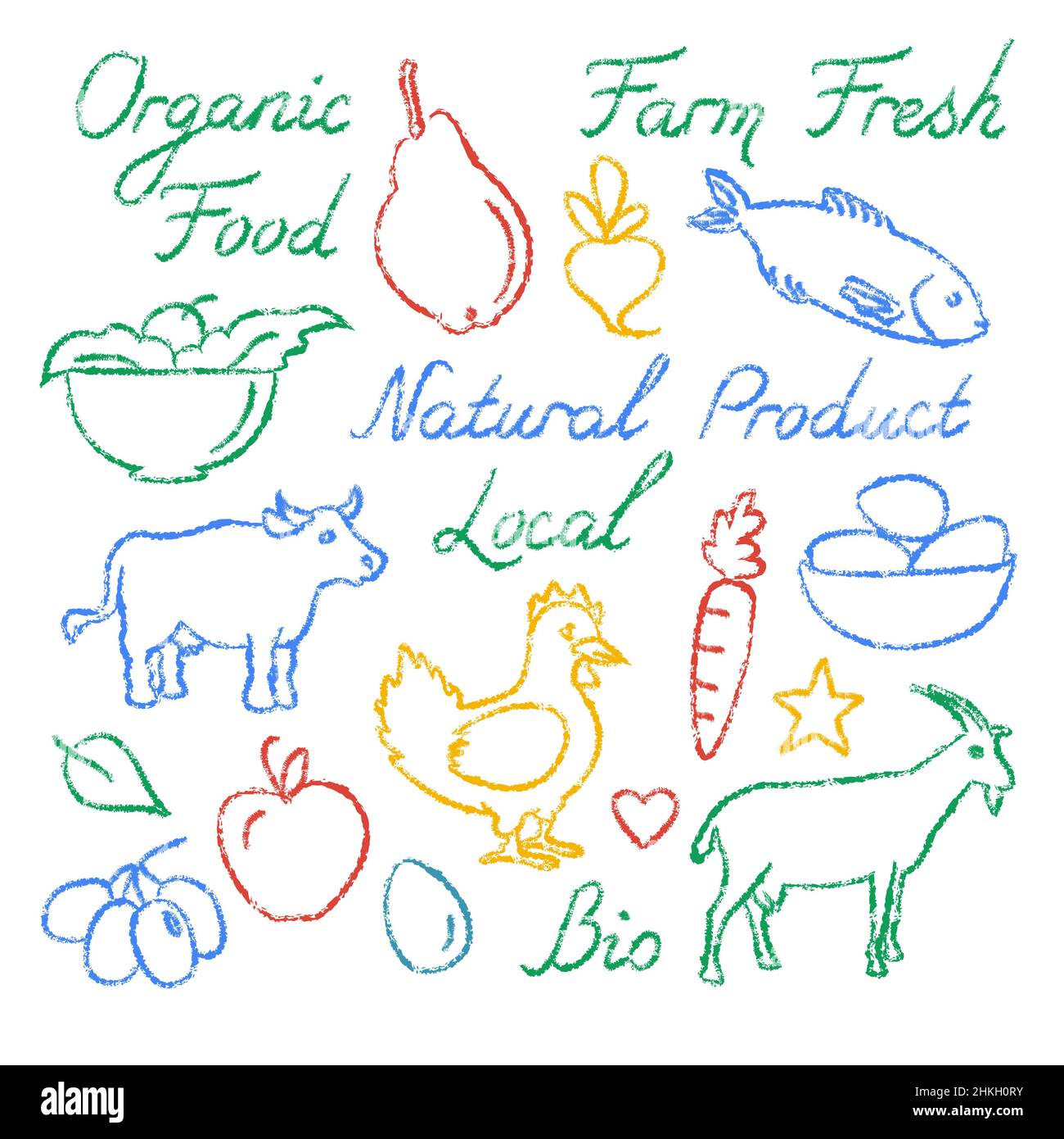 Set of hand drawn farm food icons and lettering. Organic food, Farm ...