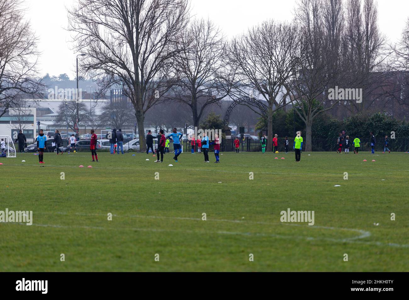 Youth football match on King George's Park playing fields. Wandsworth ...