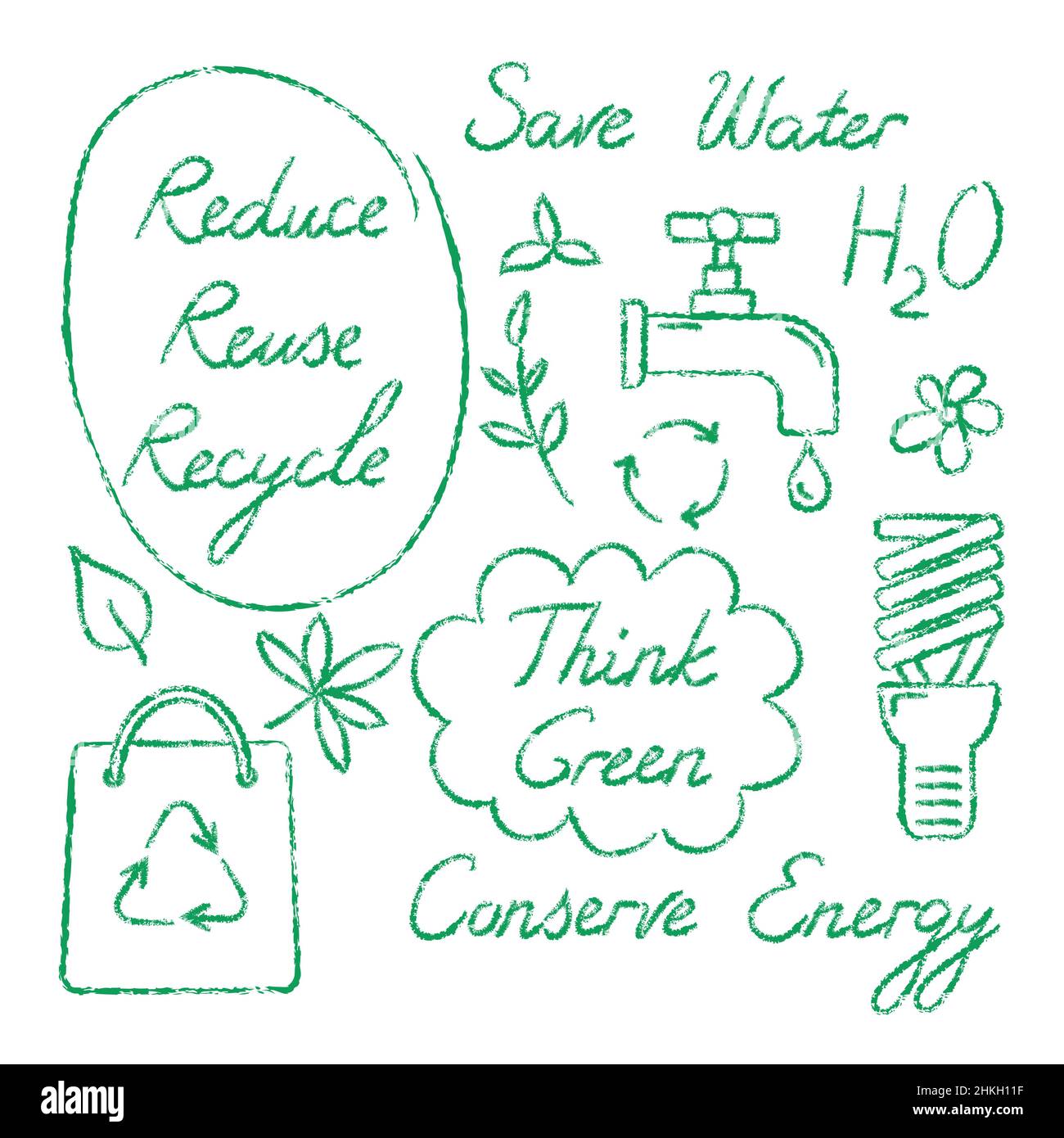 Set of hand drawn ecology icons and lettering - Reduce Reuse Recycle ...