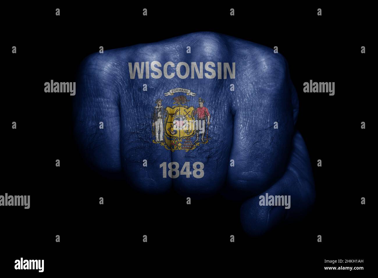 Wisconsin US country Flag painted on strong fist on black background ...