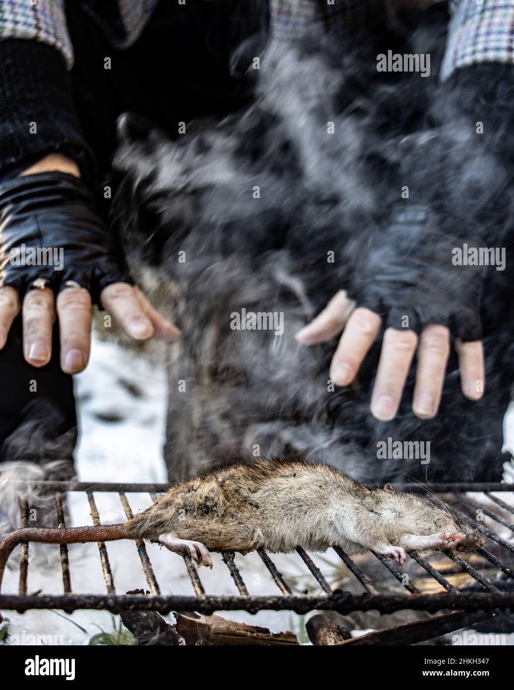 The moving hands of a homeless man over the grill of a rat, close up ...