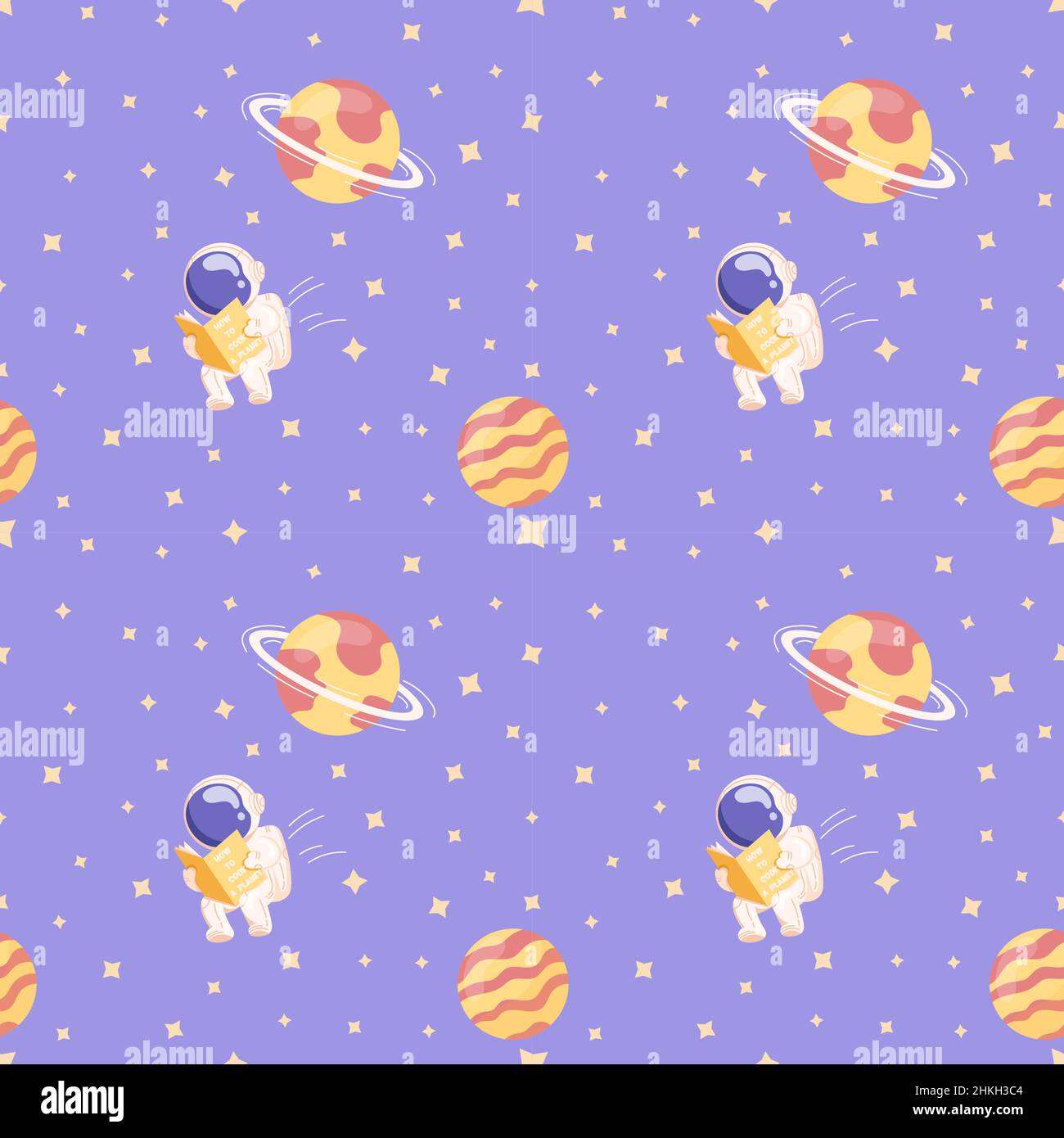 Seamless pattern of deep space with planets and stars, astronaut and ...