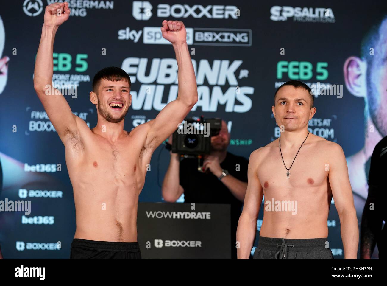 Rhys Edwards (left) and Ruslan Berhcuk during the weigh in at the Park ...