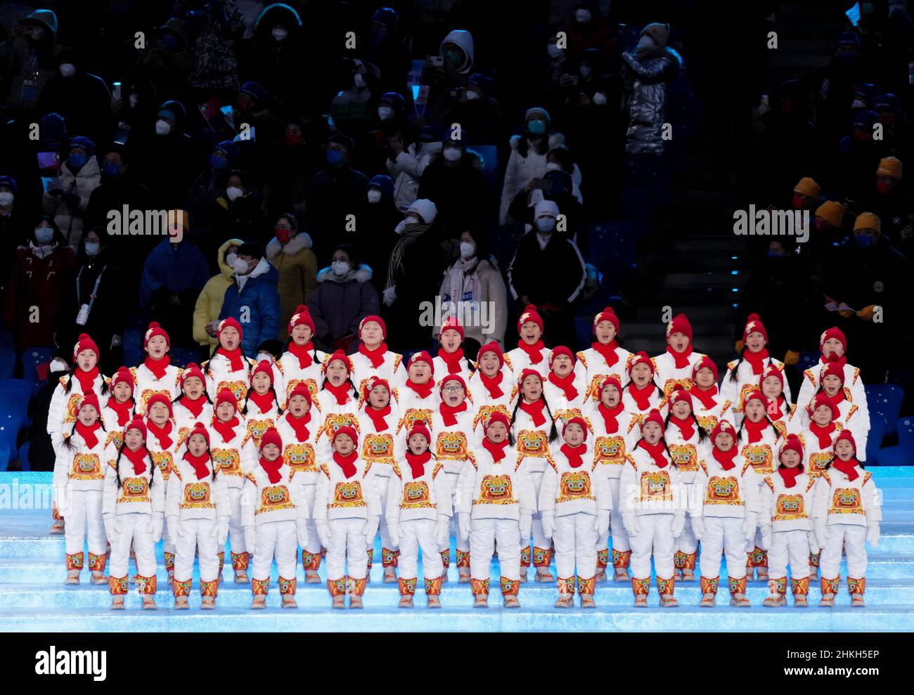 Beijing, China. 4th Feb, 2022. Children's choir sing the Olympic Anthem ...