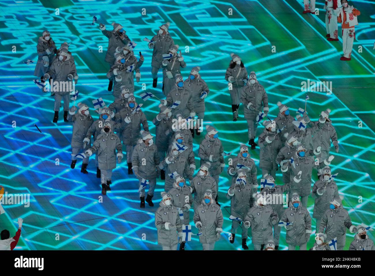 Beijing, China. 4th Feb, 2022. Team Finland athletes walk with the ...