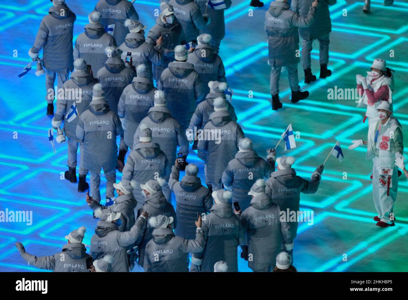 Beijing, China. 4th Feb, 2022. Team Finland athletes walk with the ...