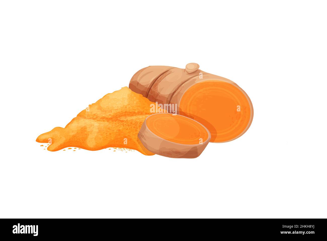 Turmeric, curcuma root, cut spice herb in cartoon style isolated on ...