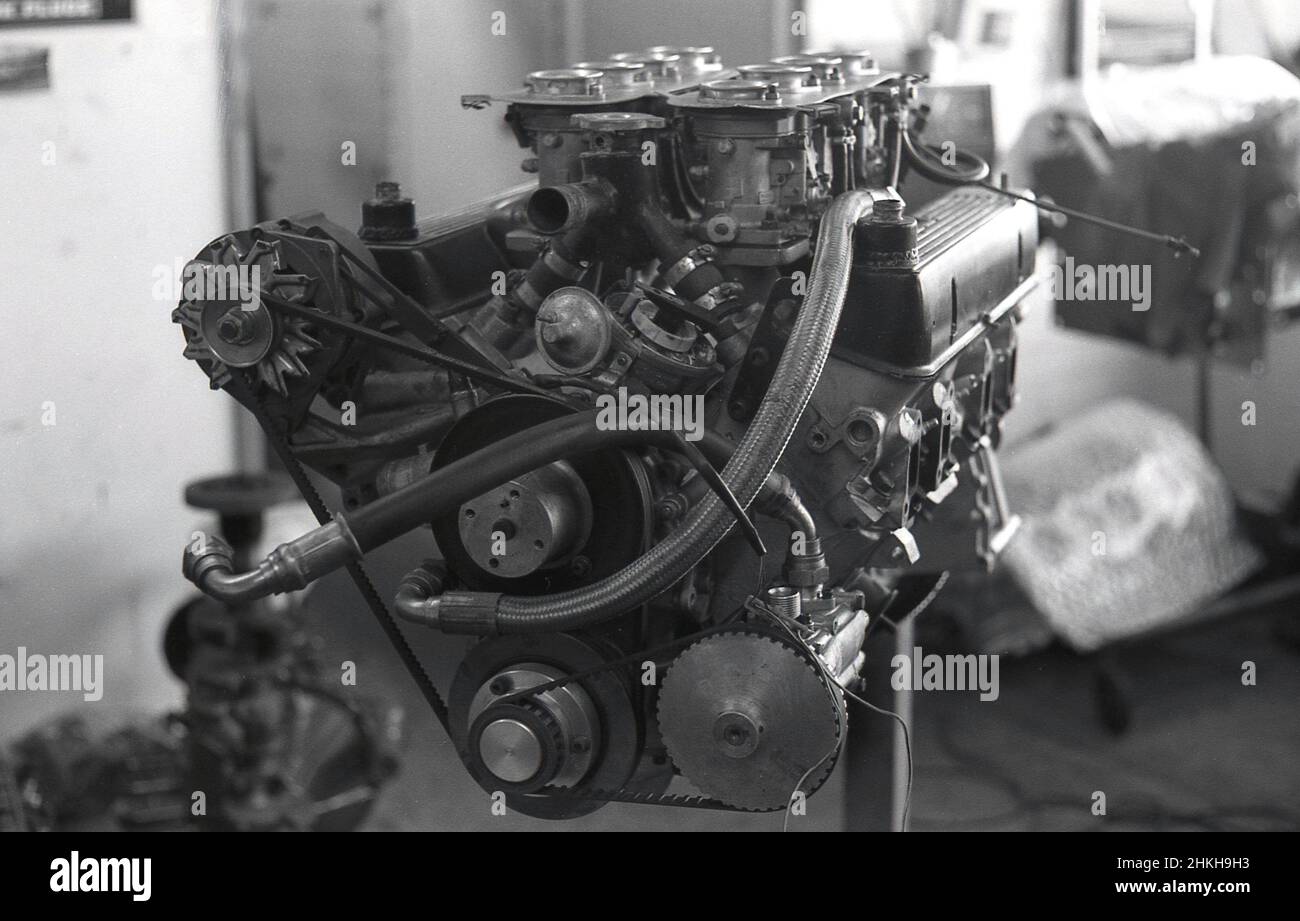 1970s, historical, close-up, side view of a motorcar engine outside of ...