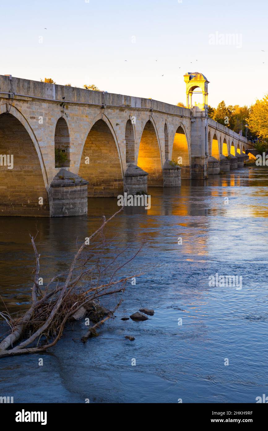 Edirne background. Meric Bridge in Edirne at sunset. Travel to Turkey ...