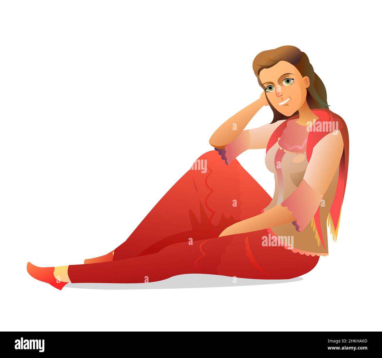 Don Cossack girl sits on floor. Russian folk clothes. Cartoon funny ...