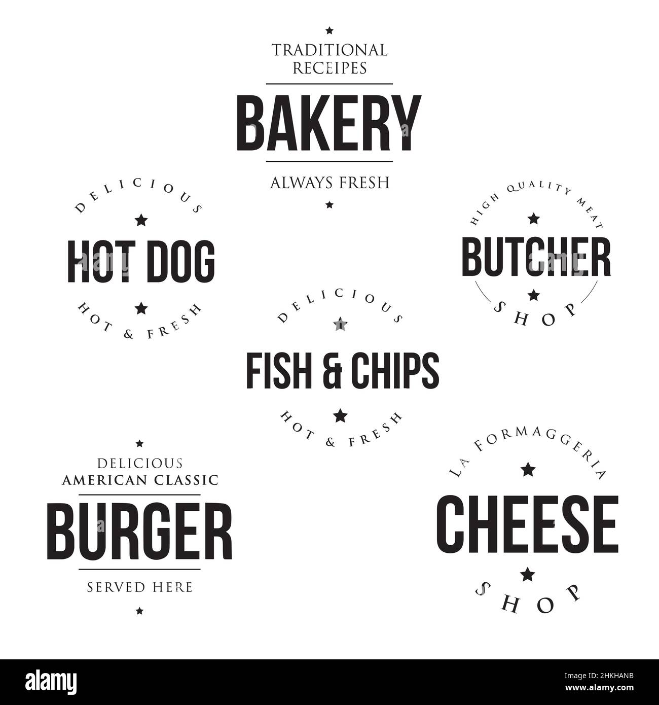 Bakery, Hot Dog, Burger, Fish and Chips vintage lettering Stock Vector ...