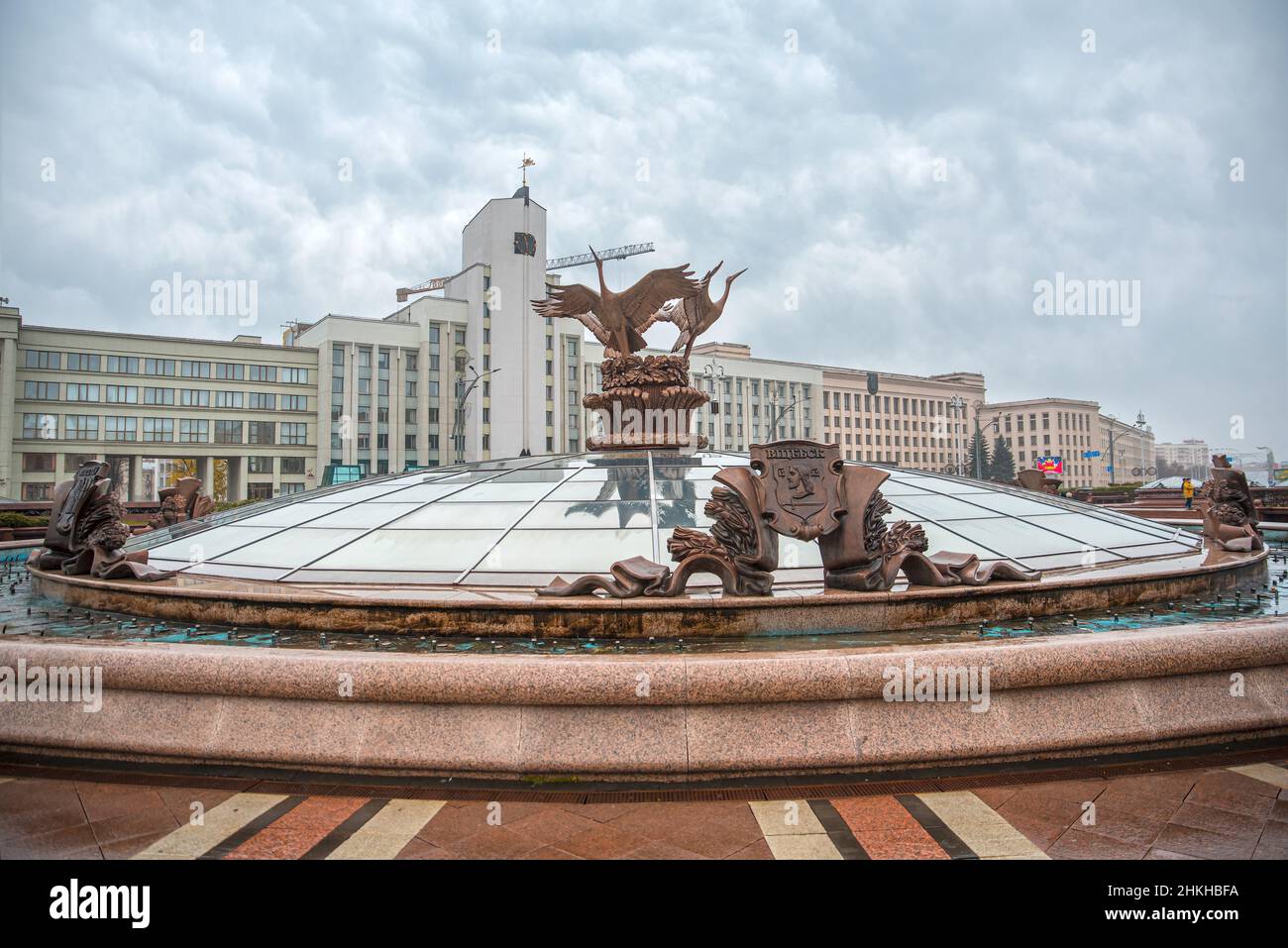 MINSK, BELARUS - November 08 2019, Three storks sculpture in the ...