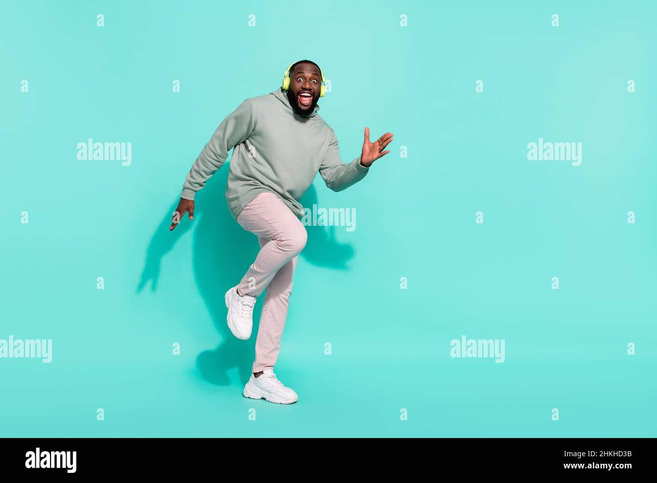 Full length body size view of cheerful attractive guy dancing modern ...