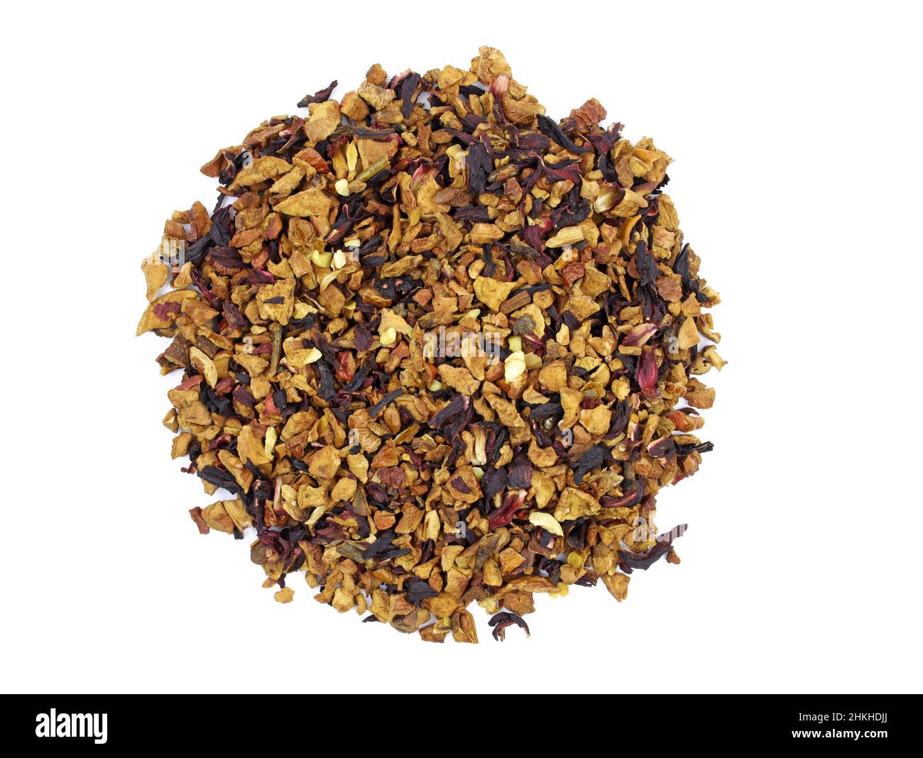 Pile of aromatic dry herbal tea with fruits on white. Mixture herbal ...