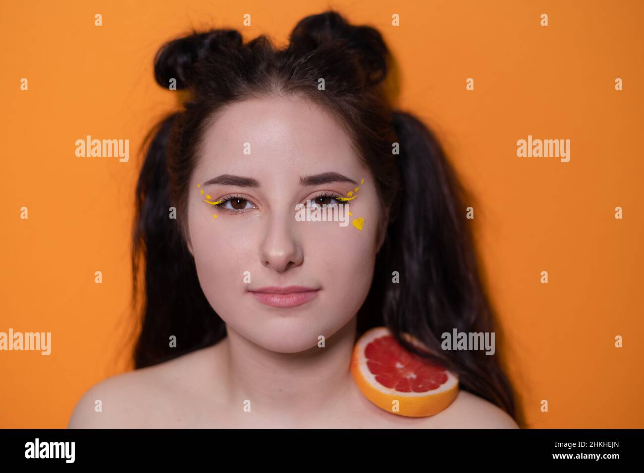 sweet joyful brunette woman girl female with cropped slice of ...