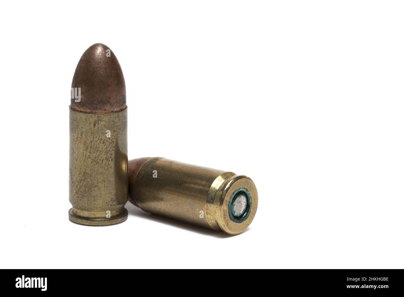 Close up of two cartridges with caliber nine millimeter as ammunition ...