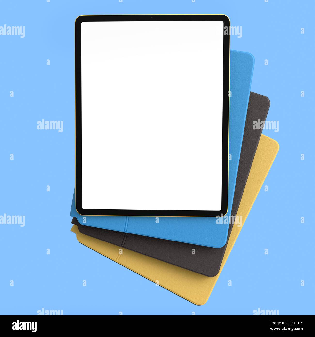 Set of computer tablets with cover case and blank screen isolated on ...