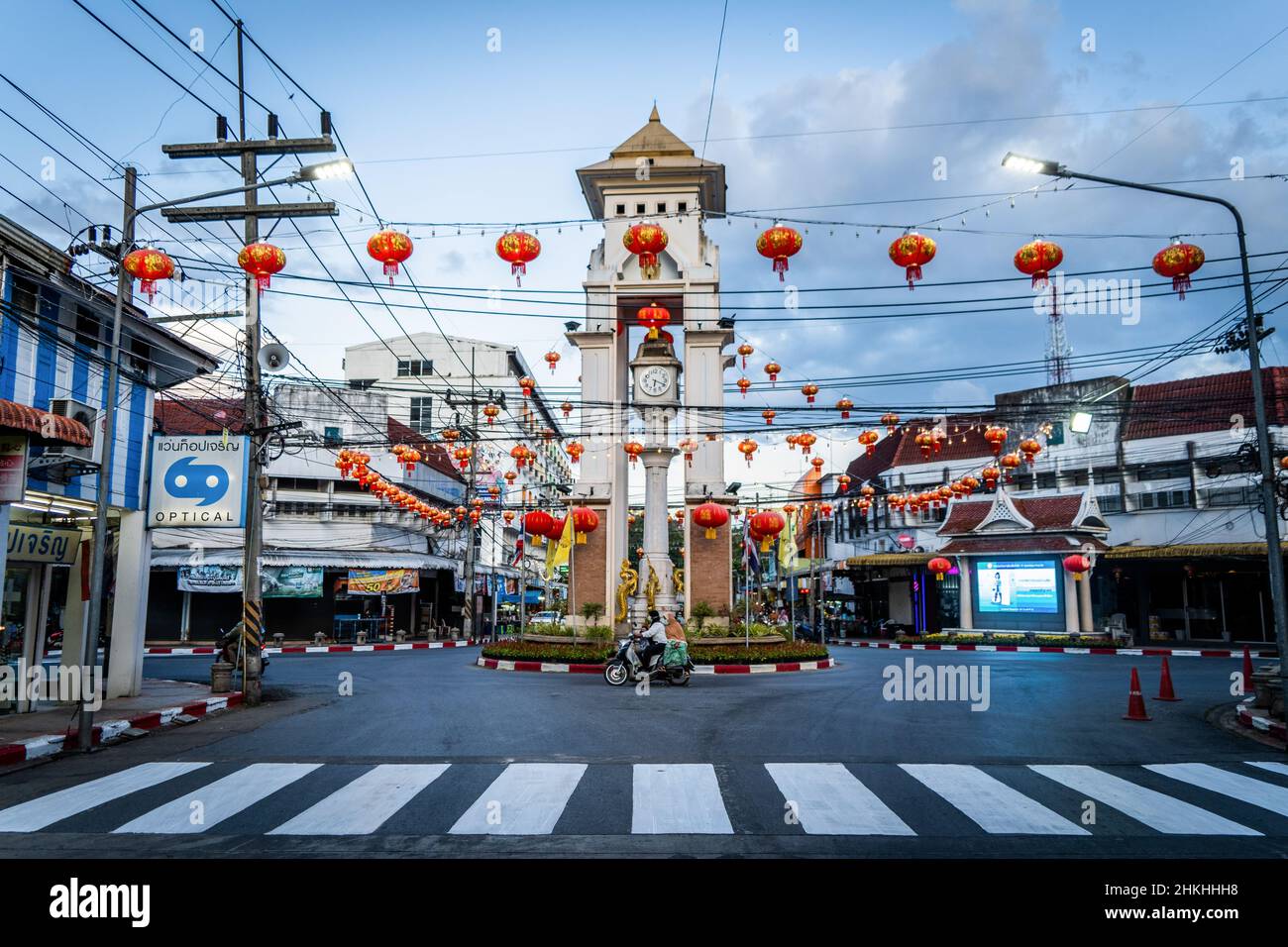 View of clock tower at the center of downtown Betong in Yala Province ...