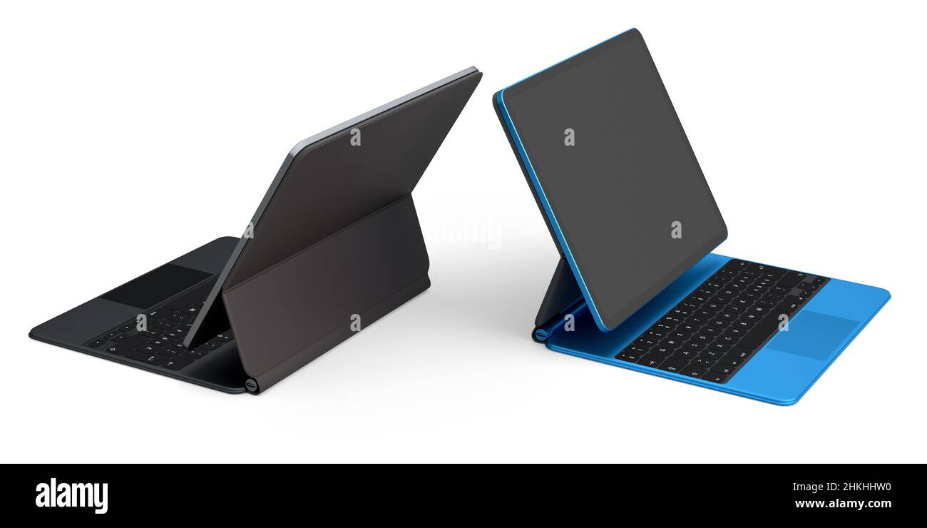 Set of computer tablets with keyboard and blank screen isolated on ...