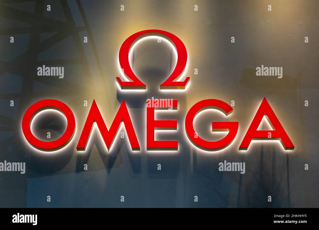 An Omega sign outside a high-end watch store in Liverpool One Stock ...