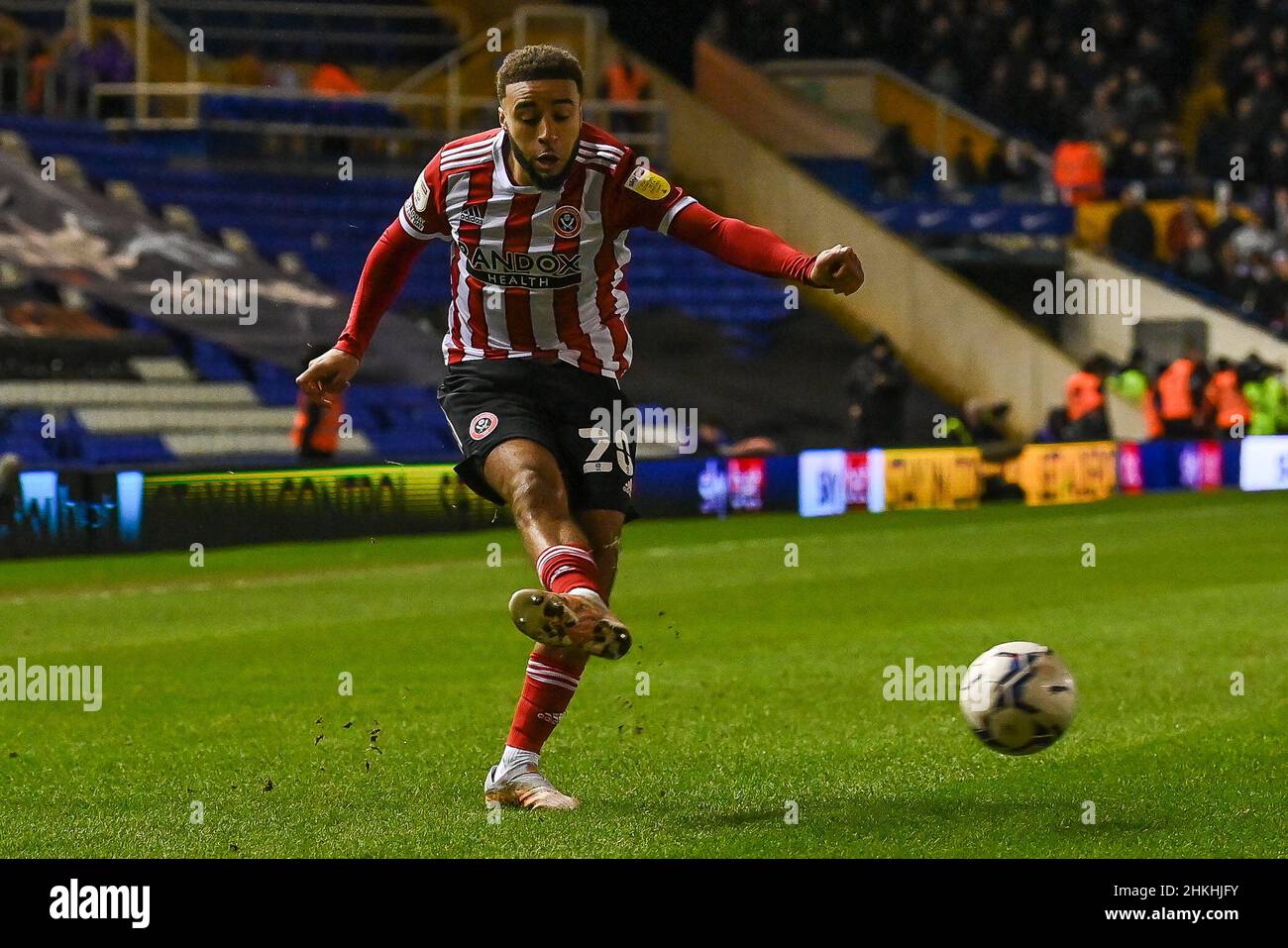 Jayden Bogle #20 of Sheffield United crosses the ball in, on 2/4/2022 ...