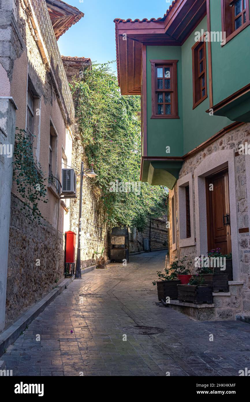 narrow winding streets of Kaleiçi, historical city center of Antalya ...