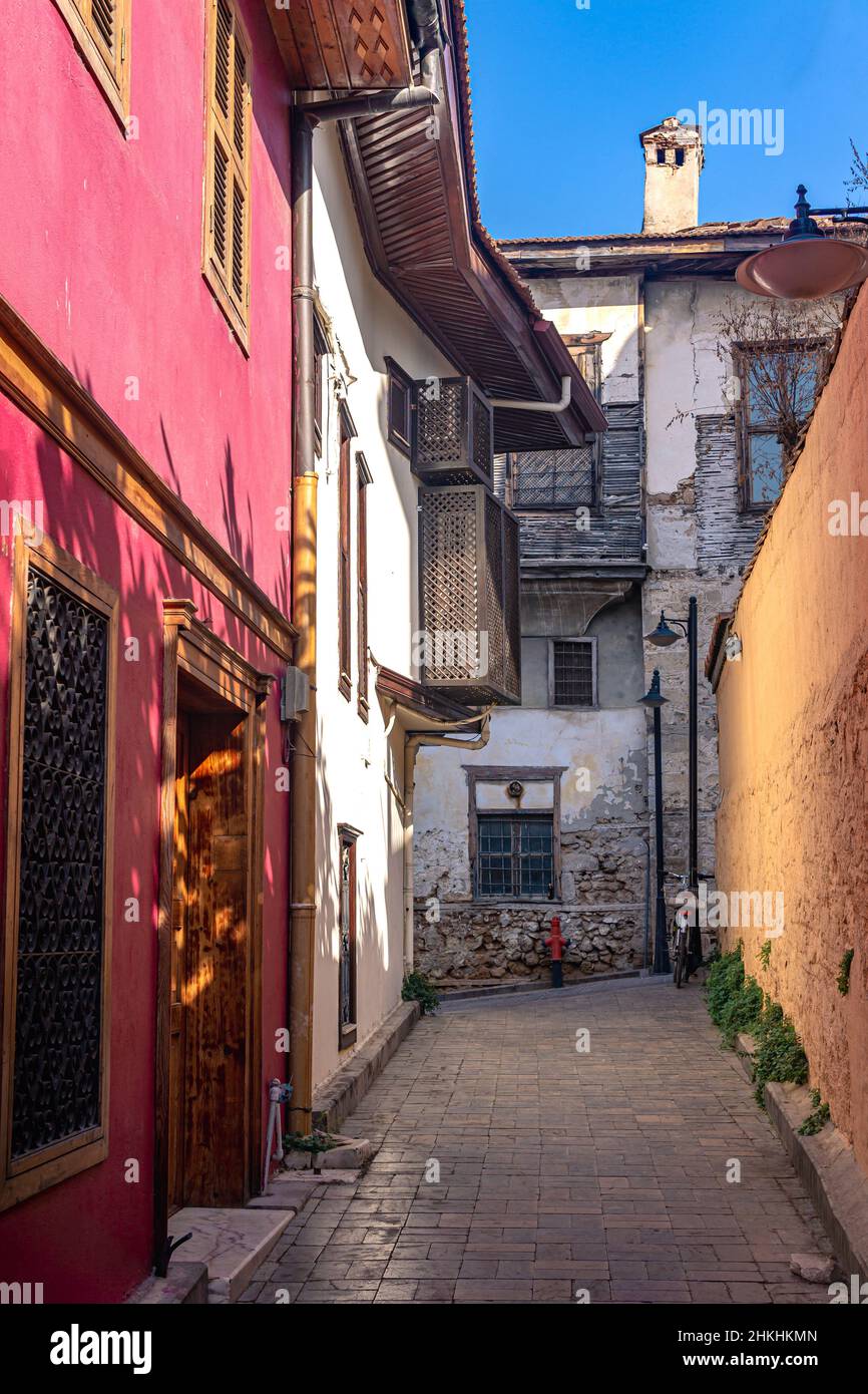 narrow winding streets of Kaleiçi, historical city center of Antalya ...