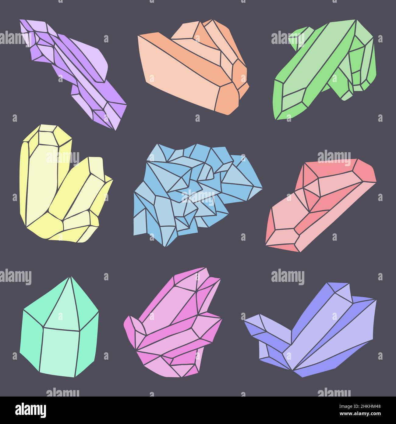 Set of color crystals hand drawn doodle of diamonds, minerals and gems ...