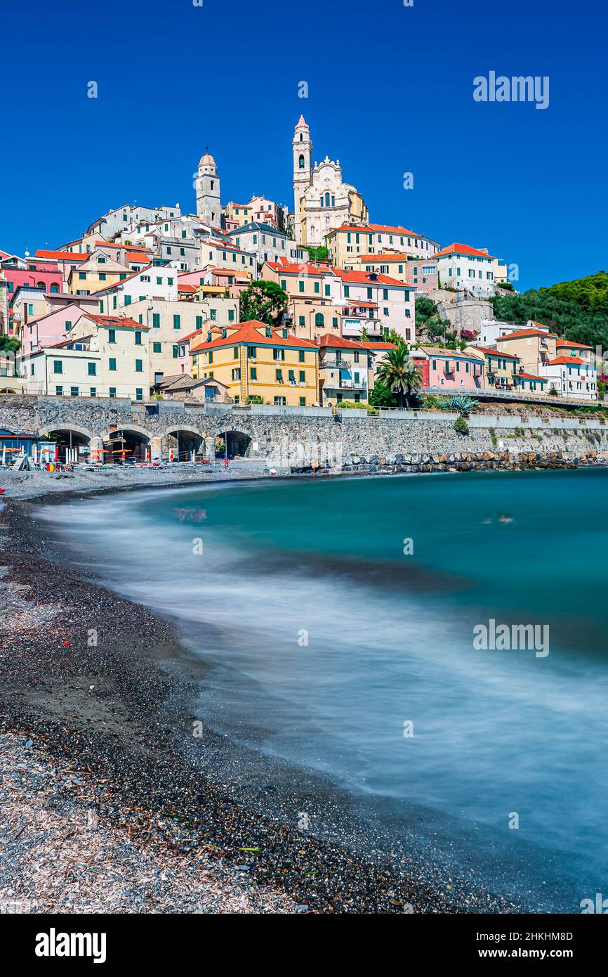 The ancient village of Cervo on a hill facing the sea, on the Italian ...