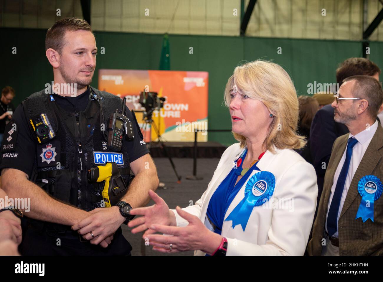 Anna Firth, Conservative MP, speaking to police at the verification and ...