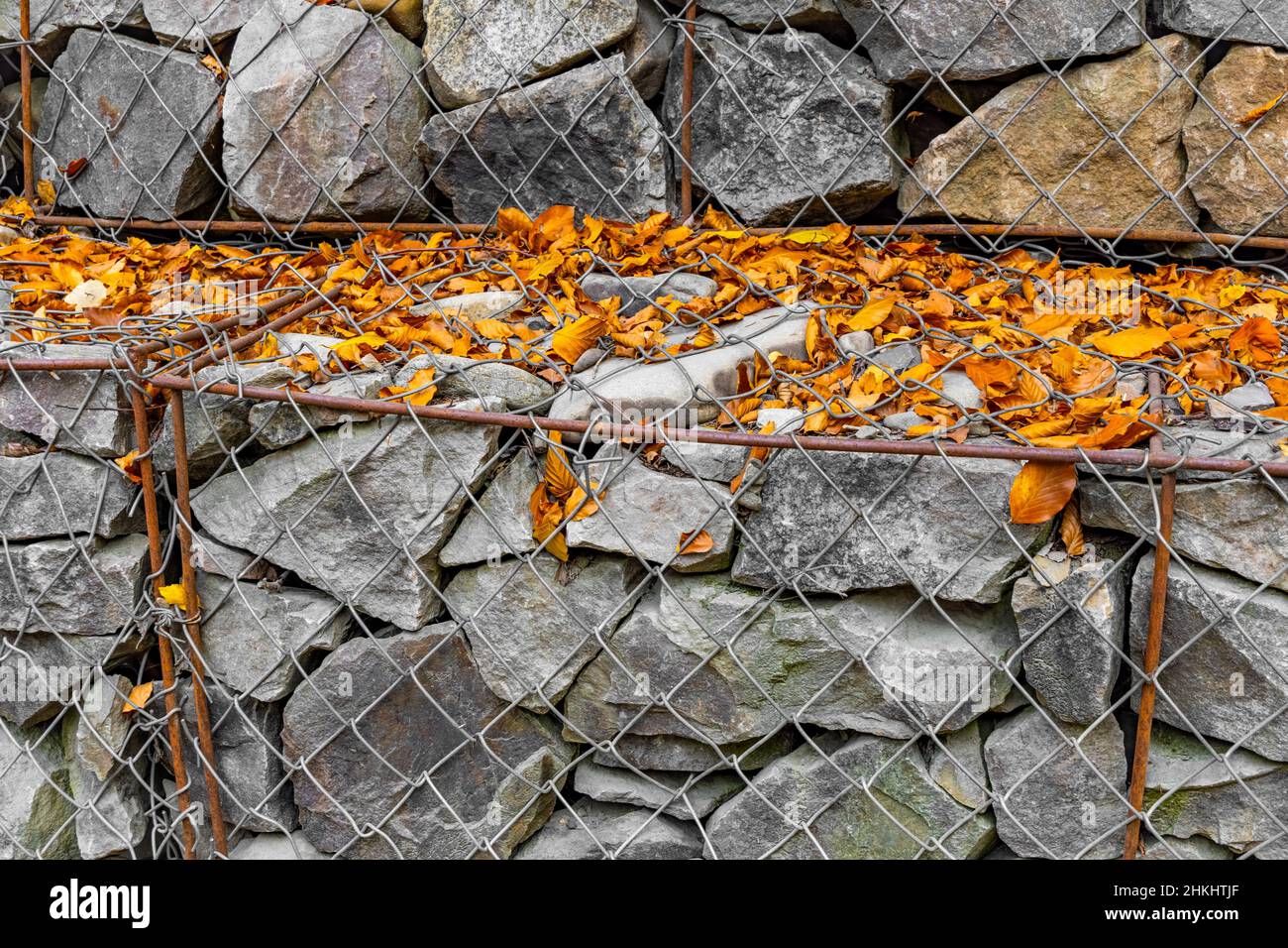 Solid, sturdy stone hedge near a small narrow asphalt road covered with ...
