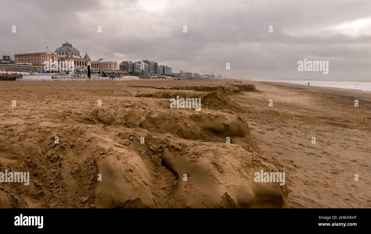 Sand swept away by the black storm on the beach in Scheveningen (The ...