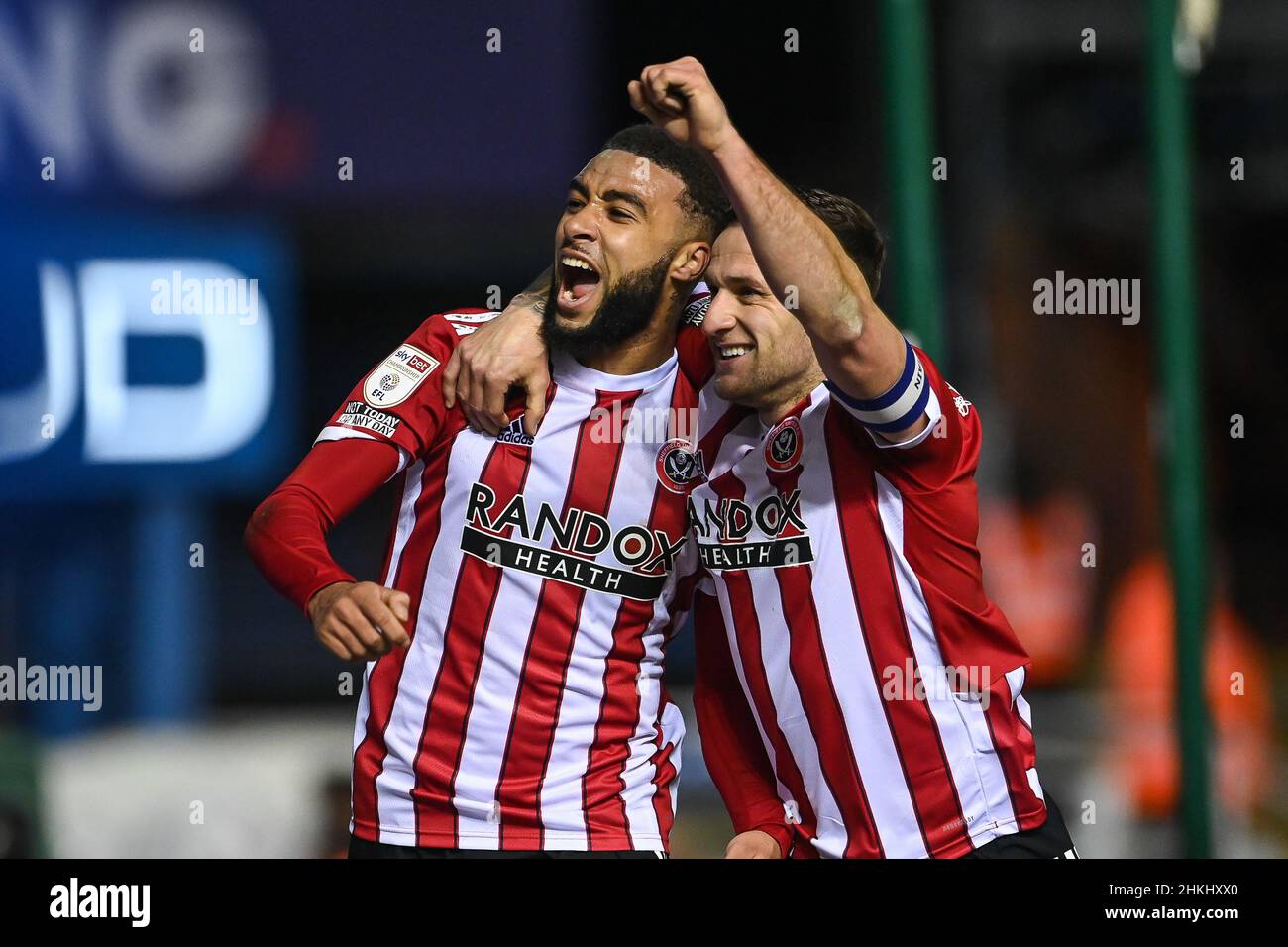 Jayden Bogle #20 of Sheffield United celebrates his goal to make it 1-2 ...