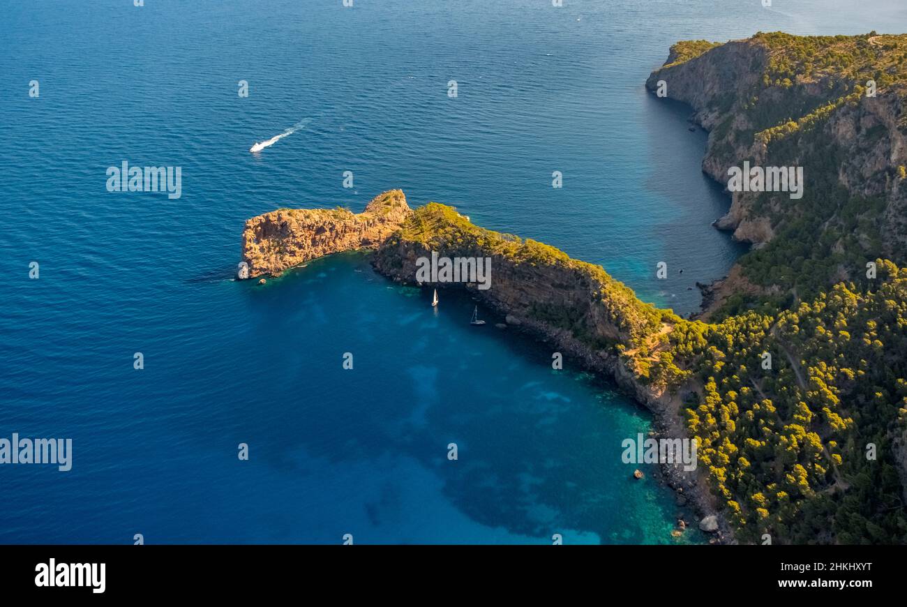 Aerial view, headland Punta de Sa Foradada with hole in the rock ...