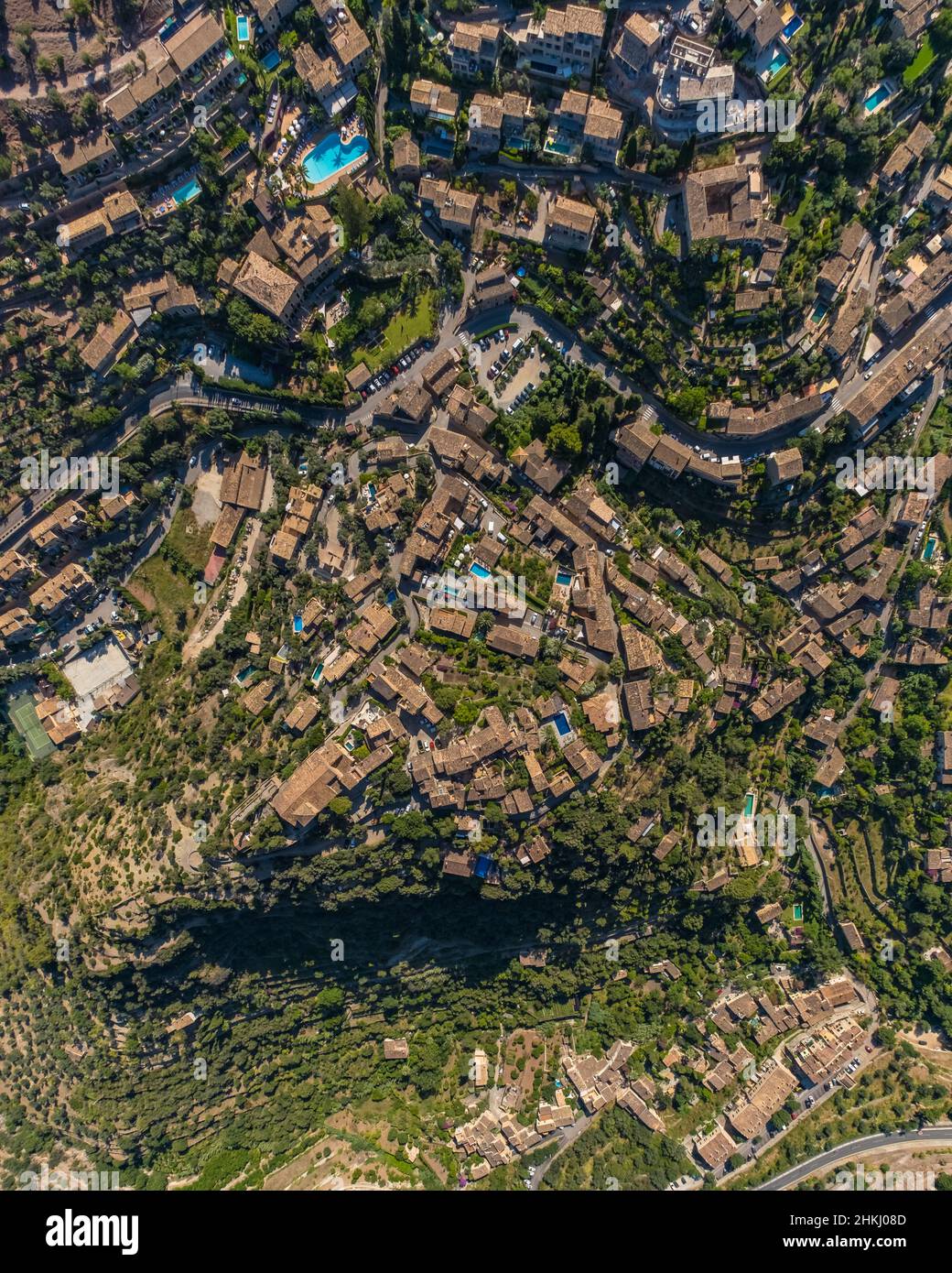 Aerial view, Escola Robert Graves, hillside village view, Deià, Majorca ...
