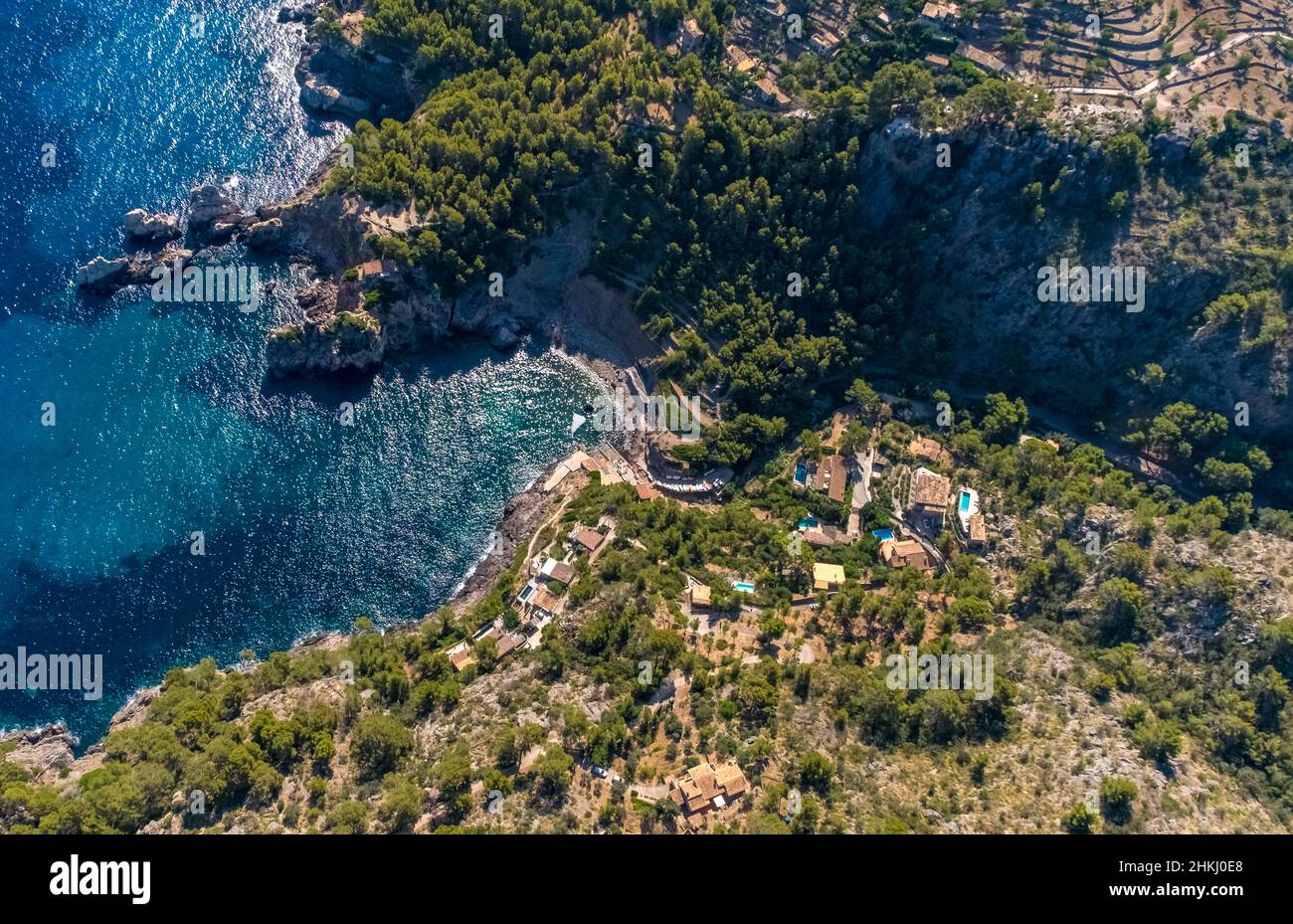 Aerial view, Cala de Deià Bay, Mallorca, Balearic Islands, Spain, Bay ...