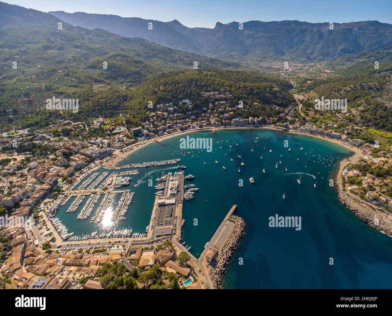 Aerial view, Port de Sóller, Port of Sóller, Mallorca, Balearic Islands ...