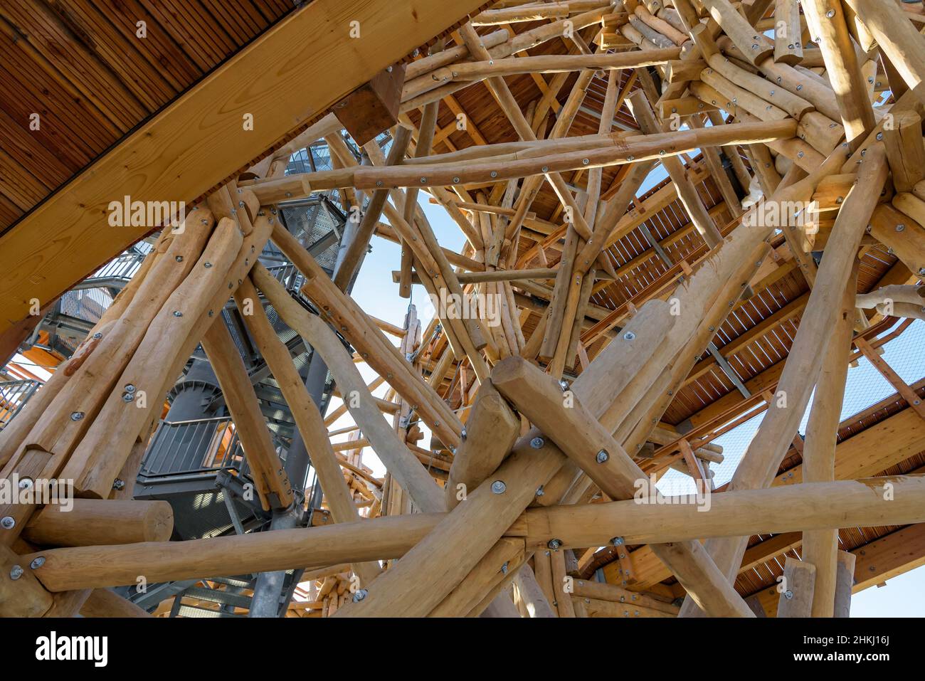 Details of sophisticated wooden tower construction. Abstract background ...