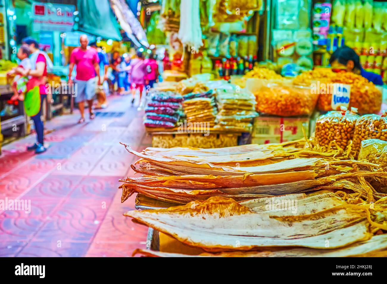 The market stall with dried seafood, Sampheng chinese market in Bangkok ...
