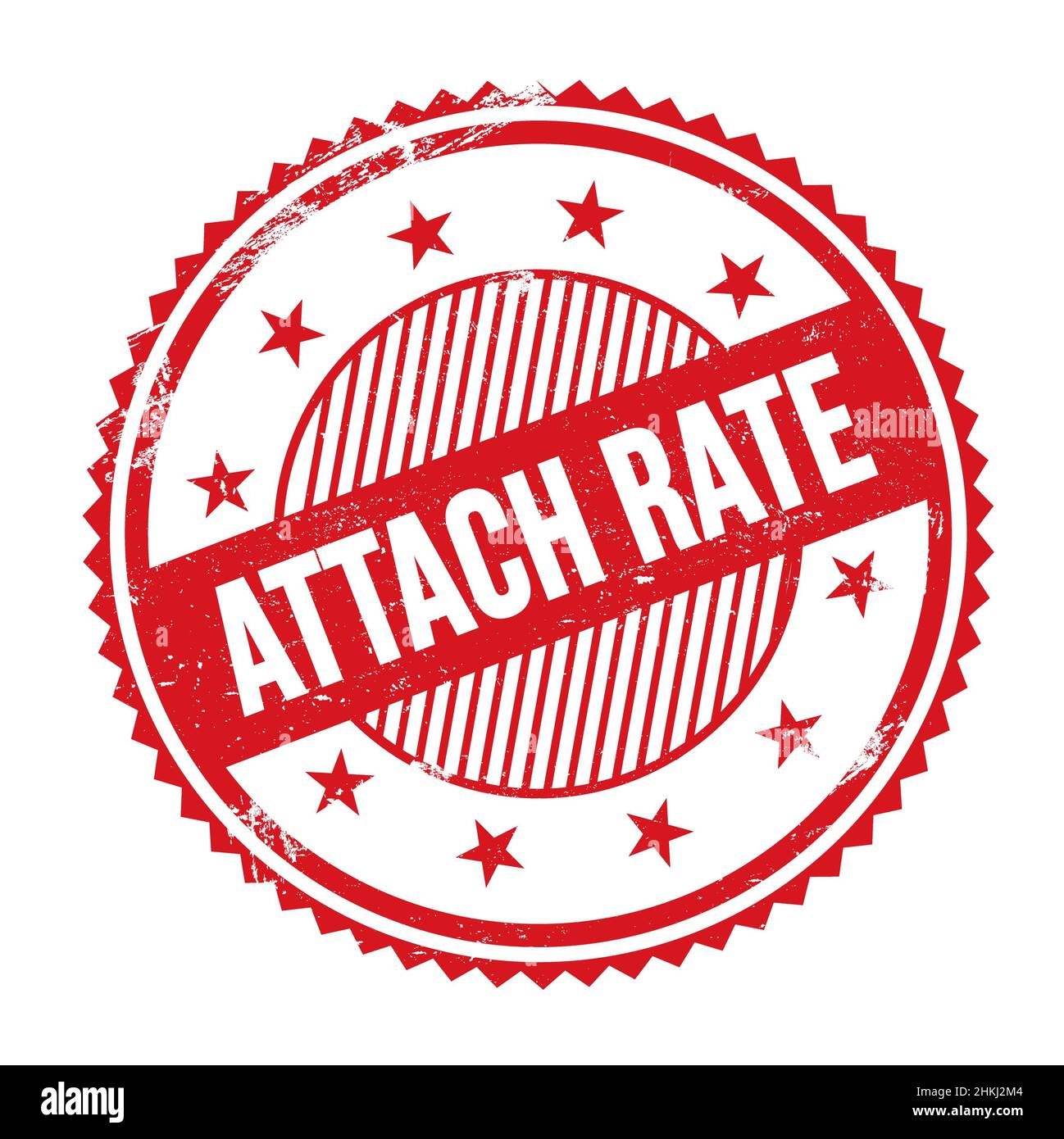 ATTACH RATE text written on red grungy zig zag borders round stamp ...
