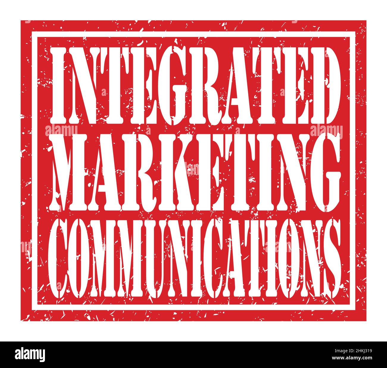 INTEGRATED MARKETING COMMUNICATIONS, words written on red stamp sign ...