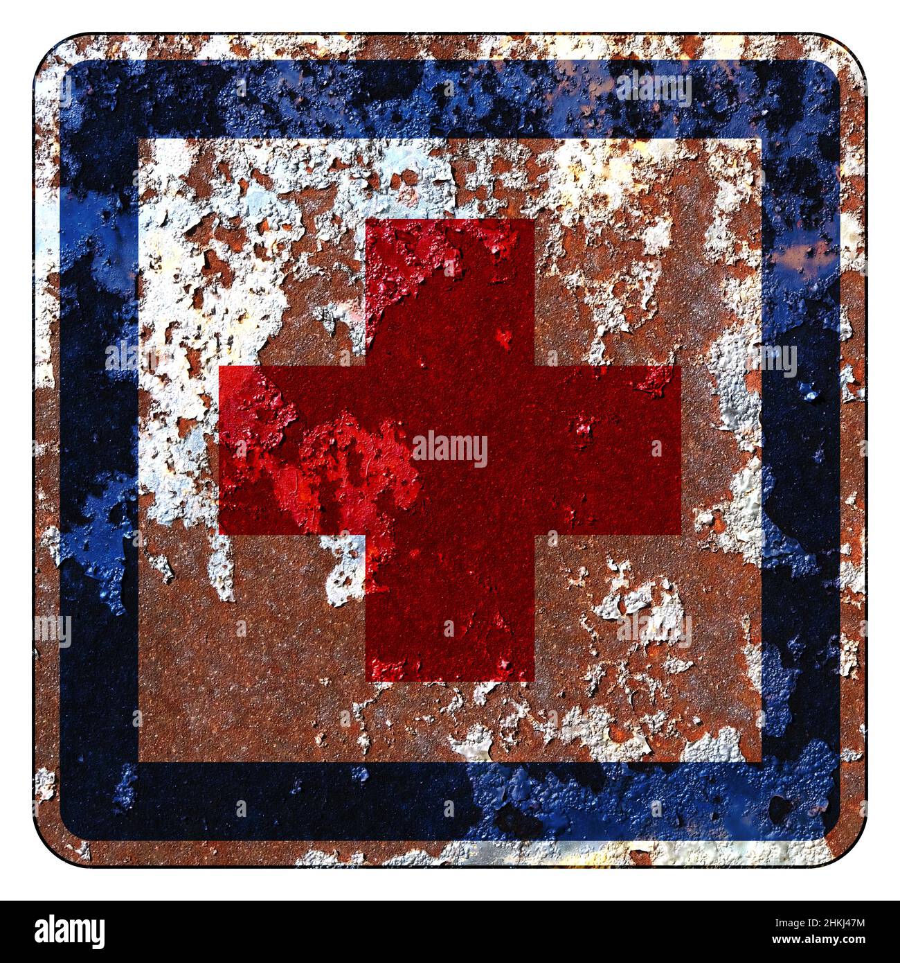 Old grunge EU road sign Indication sign - First aid post Stock Photo ...
